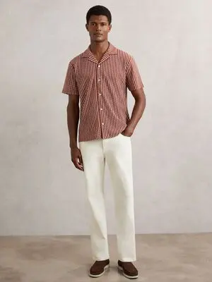 REISS Rust Red & White Textured-stripe Cuban-collar Shirt