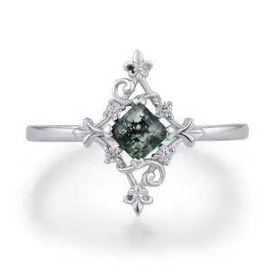 AZURA JEWELRY NEW YORK Vine Diamond Moss Agate Ring White Gold Vermeil - Silver