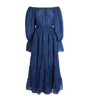 MORE NOIR Cotton-silk Beatrice Tiered Maxi Dress - Blue