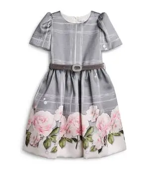 Monnalisa Rose Print Belted Mikado Dress