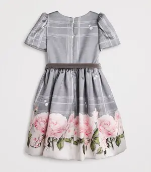 Monnalisa Rose Print Belted Mikado Dress