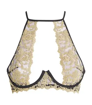COCO DE MER Embroidered High-neck Plunge Bra - Gold