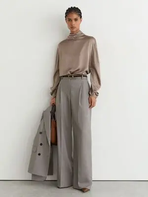 REISS Meena Silk High-neck Blouse - Neutral