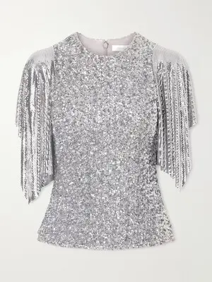 Rabanne Sequined Blouse With Chainmail Sleeves - Silver