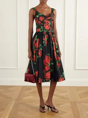 Dolce & Gabbana Floral Print Cotton Poplin Bustier Midi Dress
