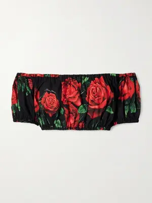 Dolce & Gabbana Off-the-shoulder Cropped Floral-print Cotton-poplin Top - Black