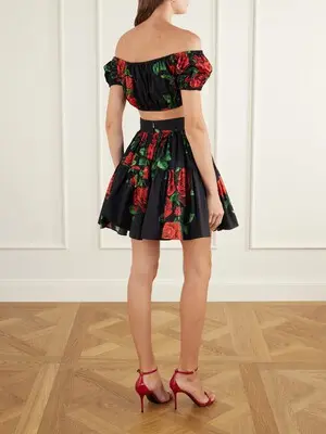 Dolce & Gabbana Off-the-shoulder Cropped Floral-print Cotton Top - Black
