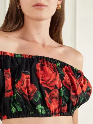 Dolce & Gabbana Off-the-shoulder Cropped Floral-print Cotton Top - Black