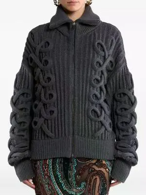 Etro Ribbed Wool-blend Cardigan With Braided Detailing