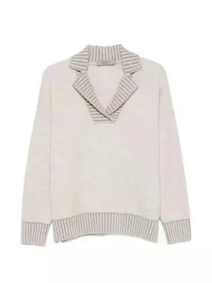 D.exterior Striped Trim Spread Collar Sweater - Neutrals
