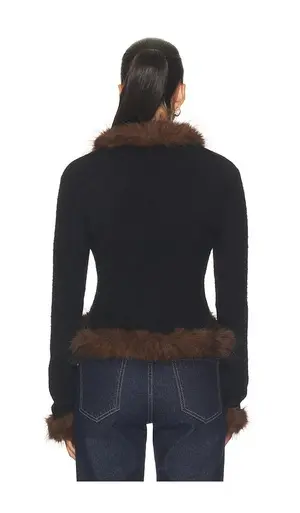 SELF-PORTRAIT Faux Fur Trimmed Knit Cardigan - Black