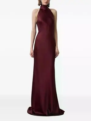 Polo Ralph Lauren Carmine Satin Halterneck Bow Detail Maxi Dress