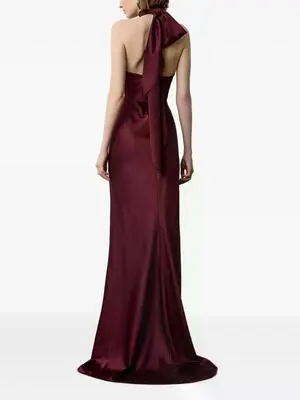Polo Ralph Lauren Carmine Satin Halterneck Bow Detail Maxi Dress