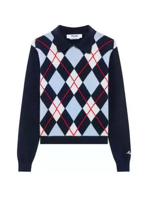 MSGM Argyle Pattern Polo Collar Sweater - Blue
