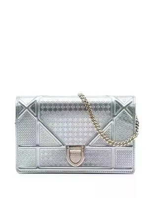 Dior 2017 Metallic Patent Microcannage Diorama Wallet On Chain Crossbody Bag - Silver