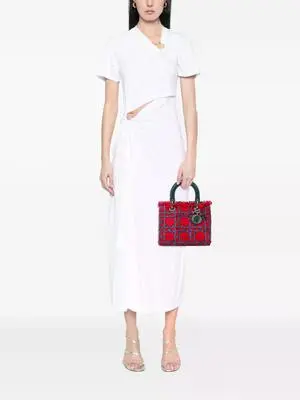 Dior Medium Tweed Cannage Fringe Lady Satchel - Red