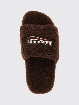 Balenciaga Shearling Mules With Embroidered Logo - Brown