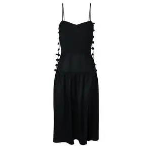 2KSTYLE Peplum Midi Dress With Hand-embellished Tassel Ties - Black