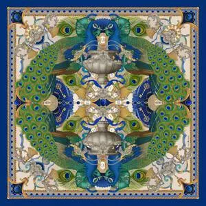 EMILY CARTER Blue / Green The Peacock & Fountain Silk Scarf Xl - Blue/green