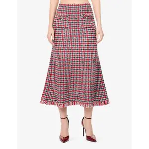 SELF-PORTRAIT Checked Cotton-knit Midi Skirt