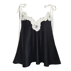 LANGNER Lace Trimmed Silk Cady Satin Top - Black