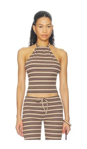 TIGER MIST Halterneck Rib Jersey Cropped Top - Brown