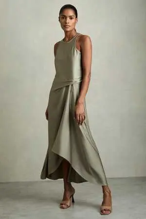 REISS Satin Drape Tuck Midi Dress