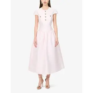 SELF-PORTRAIT Buttoned Short-sleeve Taffeta Midi Dress