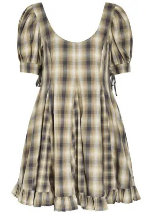 DAMSON MADDER Sabina Checked Cotton Mini Godet Dress - Brown