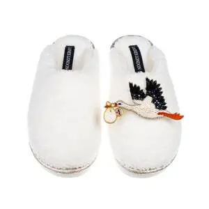 LAINES LONDON Teddy Towelling Slippers With Stork Brooch Embellishment - Gold/white