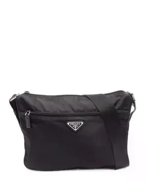 Prada Enamel Triangle Logo Shoulder Bag - Black