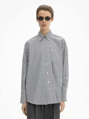 HOUSE OF DAGMAR Striped Organic Cotton Poplin Asymmetric Shirt - Black White