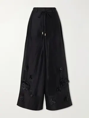 Aje Cloudscape Flower-appliqué Lyocell And Linen-blend Mid-rise Wide-leg Pants - Black