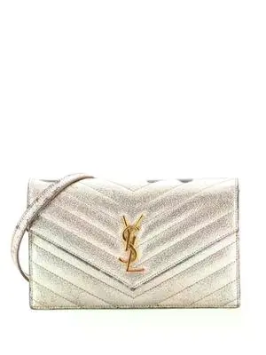 Saint Laurent Classic Monogram Wallet On Chain Matelasse Chevron Metallic Leather Small Crossbody Bag - Silver
