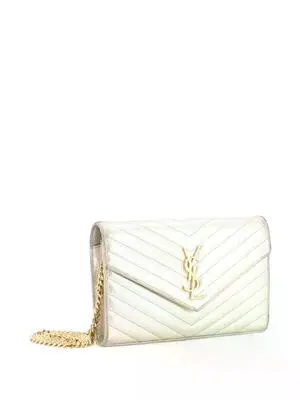 Saint Laurent Classic Monogram Wallet On Chain Matelasse Chevron Metallic Leather Medium Crossbody Bag - Silver