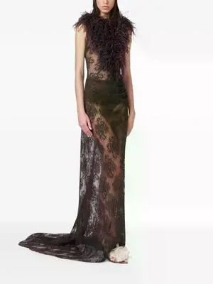 Giuseppe Di Morabito Feather-trim Lace-overlay Maxi Dress - Brown