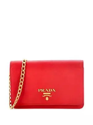 Prada Saffiano Leather Cross Body Wallet Chain Strap - Red