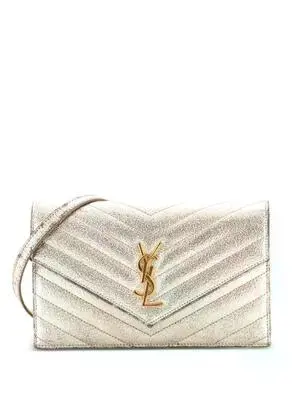 Saint Laurent Classic Monogram Wallet On Chain Matelasse Chevron Metallic Leather Small Crossbody Bag Silver