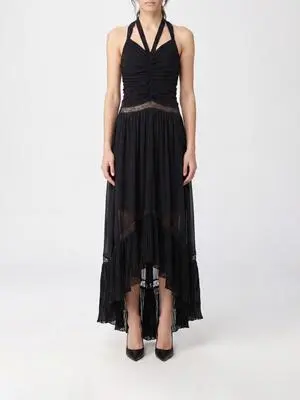 Blumarine Asymmetrical Midi Georgette Dress With Lace Inserts