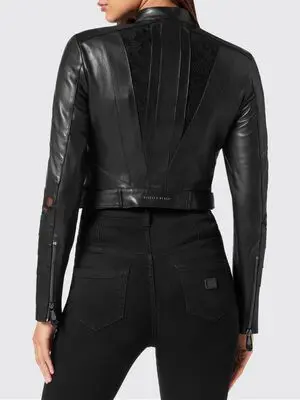 Philipp Plein Nappa Leather And Lace Crop Biker Jacket