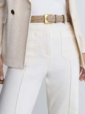 REISS Croc-effect Leather Square-buckle Belt - Stone