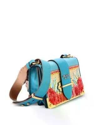 Prada Embroidered Straw And Leather Small Shoulder Bag