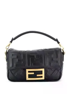 Fendi Baguette Nm Bag Zucca Embossed Leather Mini Crossbody Bag - Black