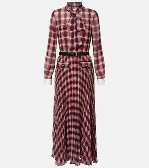 SELF-PORTRAIT Belted Checked Chiffon Midi Dress