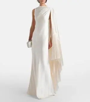 SELF-PORTRAIT Caped Fringed Satin Gown