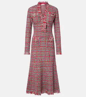 SELF-PORTRAIT Checked Frayed Knitted Midi Dress
