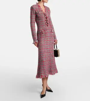 SELF-PORTRAIT Checked Frayed Knitted Midi Dress