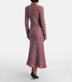 SELF-PORTRAIT Checked Frayed Knitted Midi Dress