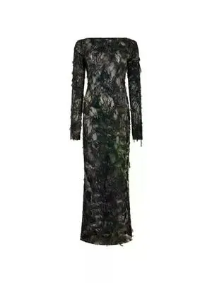Roberto Cavalli Maxi Feather-embellished Lace Dress - Black
