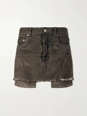 Rick Owens Lana Paneled Frayed Denim Mini Skirt - Gray